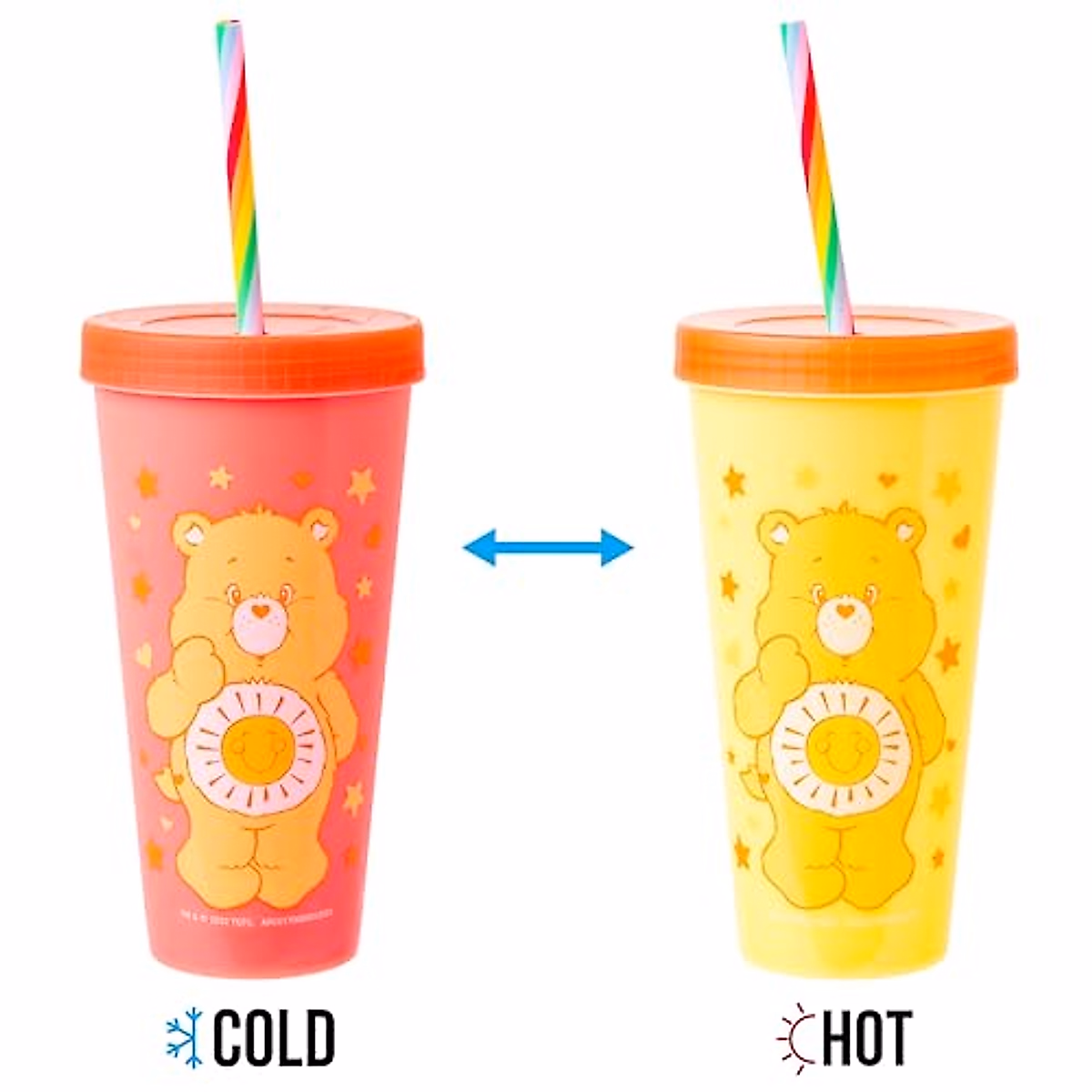 Silver Buffalo Care Bears Hearts and Stars 4 Pack Plastic Color Changing Tumblers with Rainbow Swirl Straws Featuring Tenderheart, Funshine, Cheer, and Grumpy Bear 24 Ounces