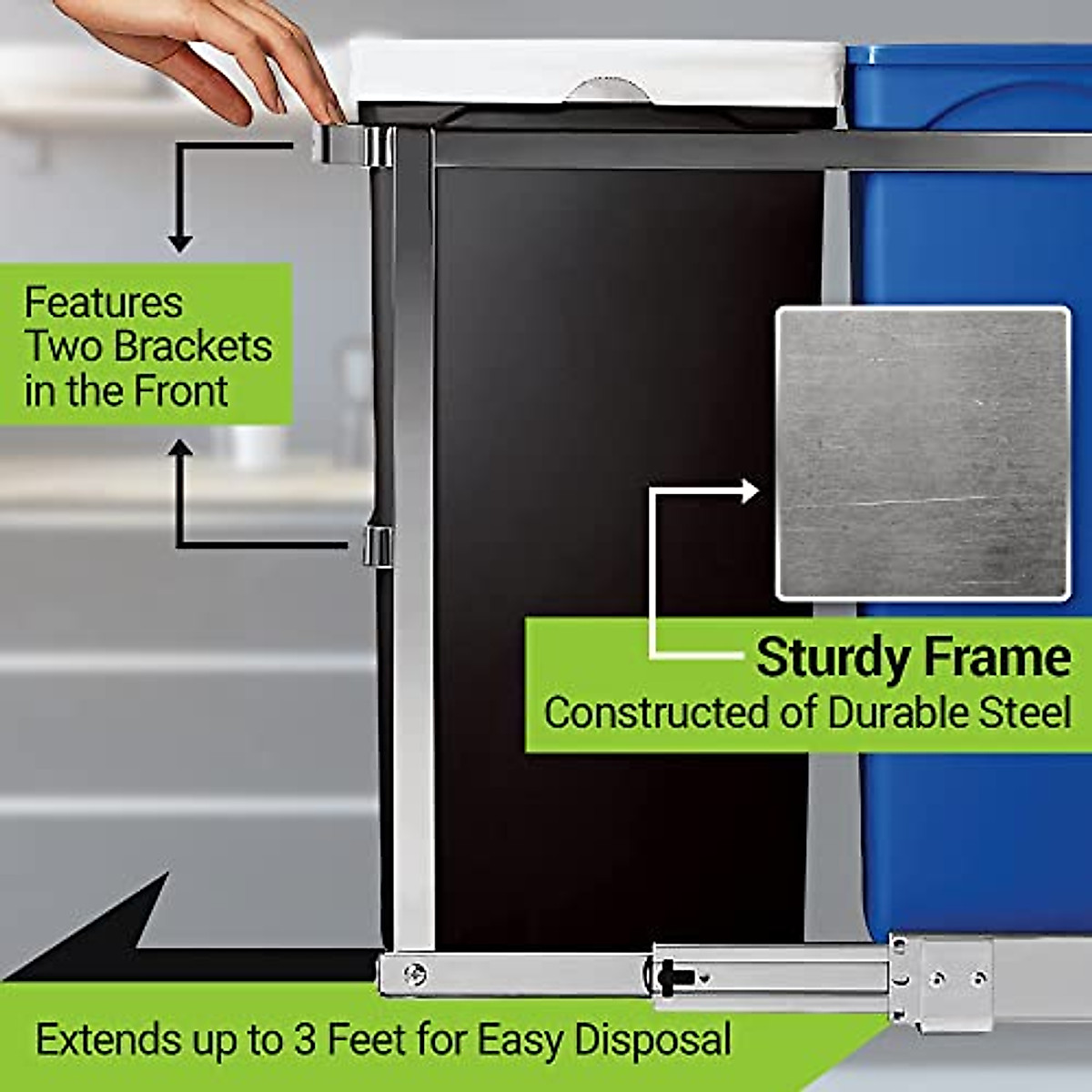 AdirHome 36-Liter Dual-Compartment, Under-Counter Trash Can and Recycling Bin Unit - Metal Sliding Shelf with 2 Garbage Bins for Kitchen & Pantry Under Cabinets Compatible with Hinged or Pull Out Door