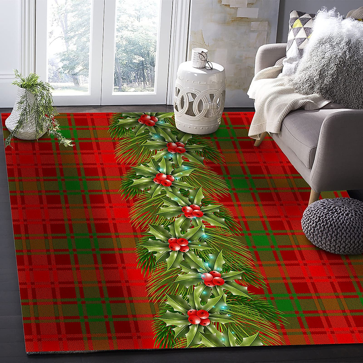 Savannan Area Rugs, Christmas Poinsettia Pine Branches Plant Red Green Plaid Tartan Rectangle Floor Rugs Indoor Non-Slip Accent Rug for Living Room Bedroom Office Kids Room Nursery, 2'x3'