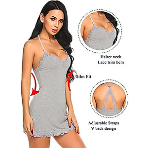 Avidlove Women's Sleepwear Sexy Lingerie for Women V Neck Nightwear Full Slips Lingerie Chemise Dress Sexy Chemise Nightgown Modal Sleepwear Lace Babydoll (Light Grey, M)