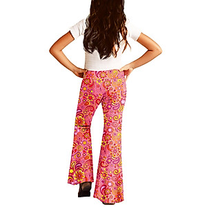 Deerose Hippie Flared Pants for Girls 70s 80s Costume Cute Pink Bell Bottom Floral Print Bootcut 3-4 Years