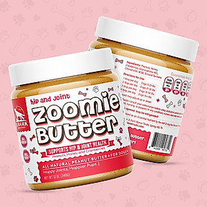Zoomie Butter Hip & Joint Dog Peanut Butter Spread Supplement, All Natural Dog Treat. Human Grade & Safe Anti Inflammatory Puppy Food, Peanuts & Turmeric for Pain, Stiffness, Grown & Made in USA