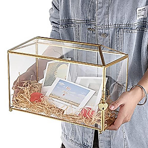 ELLDOO 12.6" Gold Glass Wedding Card Box with Heart Lock, Glass Gift Boxes, House Shape with Feet Clear Terrarium Planter for Wedding Receptions, Centerpiece Decor, Keepsake, Gift Display Box, Large Size
