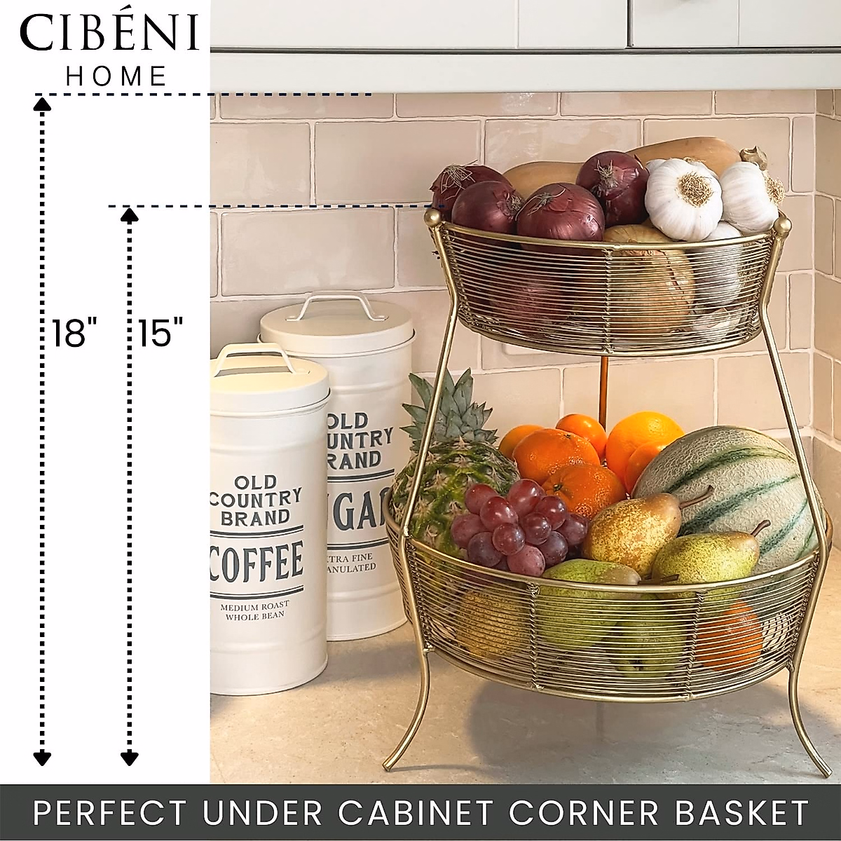 CIBENI Gold Fruit Basket Stand - 13" x 15"H Handcrafted 2 Tier Fruit Basket for Kitchen Counter Fruit Holder for Kitchen Countertop - Gold