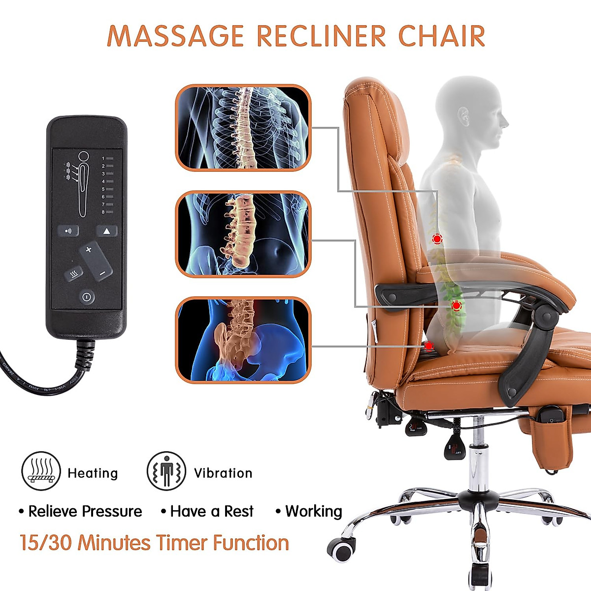 BOWTHY Executive Massage Office Chair with Heated,45°Reclining Ergonomic Chairs with Footrest,High Back Computer Desk Chairs with Wheels,Diamond-Stitched Cushion Brown Leather Office Chair