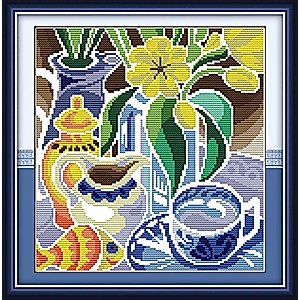 14 CT Cross Stitch Kits for Beginners Flowers Vase Printed Stamped Cross-Stitch Supplies Needlework Printed Embroidery Kits DIY Kits Needlepoint Starter Kits 29×31cm