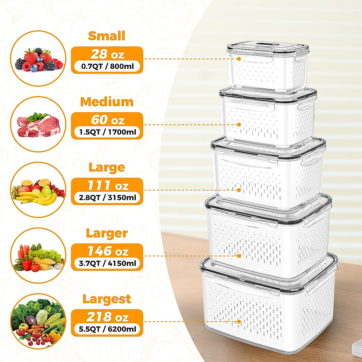 Loyala 3 PCS Fruit Containers for Fridge Food Storage Containers with Removable Colander Lids Airtight Fruit Storage Containers for Fridge Fruits Vegetables Strawberry Salad Meat（3pcs with handles）