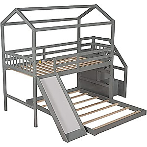 DNYN Stairway Twin Over Full Bunk Bed with Slide and Storage Staircase for Kids Bedroom,House Shaped Wooden Bedframe w/Full-Length Guardrails,No Box Spring Needed, Gray