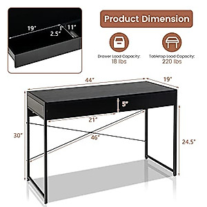 GOFLAME 44 inch Computer Desk with 2 Storage Drawers, Home Office Desk with Steel Frame, Simple Study Writing Workstation, Makeup Vanity Console Table for Living Room, Bedroom & Study (Black)