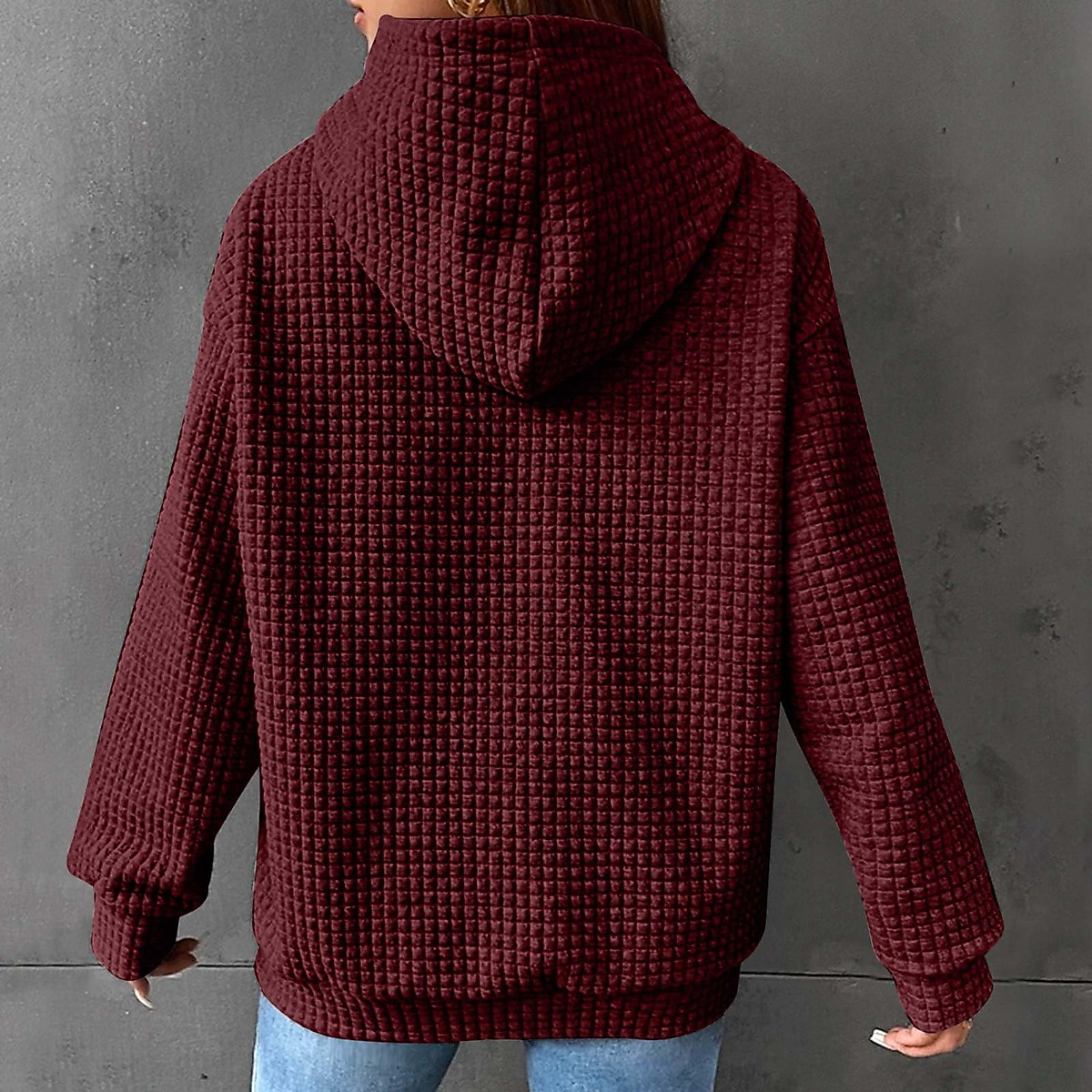 Womens Waffle Knit Hoodies Casual Long Sleeve Cute Football Print Sweatshirts Drawstring Trendy Pullover Tops 2023 oversized sweatshirts for women fall Wine M