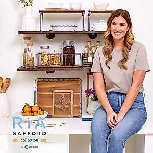 The Ría Safford Collection by iDesign Open Front Wire Basket with Acacia Wood, 10" x 8" x 6", Charcoal