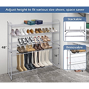 KEETDY 3-Tier Long Shoe Rack for Closet Metal Shoe Organizer for Entryway, Wide Stackable Shoe Storage Shelf with Sturdy Wire Grid for Closet Floor, Bedroom, Grey…