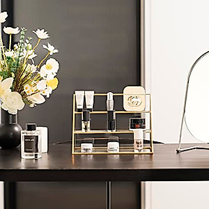 FSyueyun Gold Makeup Organizer Case Vanity, 3 Layers Glass Makeup Storage Cosmetics Organizer Jewelry Box Earring Ring Holder Display Case