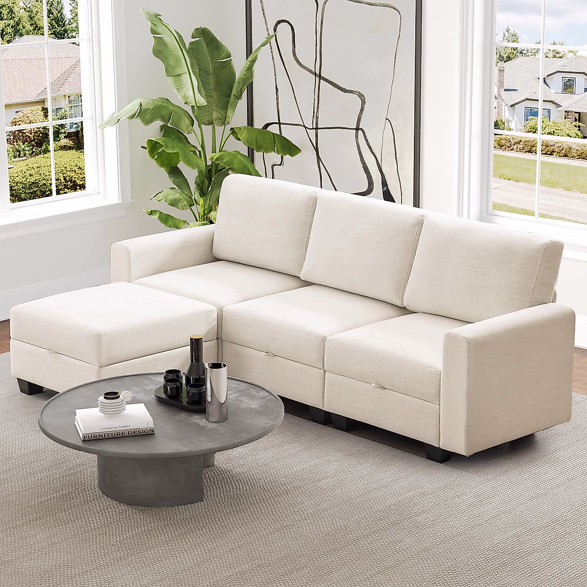 WACASA Convertible Sectional Sofa Couch with Storage, 3 Seat Sofa Modern Linen Fabric Upholstered L-Shaped Couch with 91.5'' Wide Seat, Comfy Sofa Sleeper Couches for Living Room Bedroom, Ivory