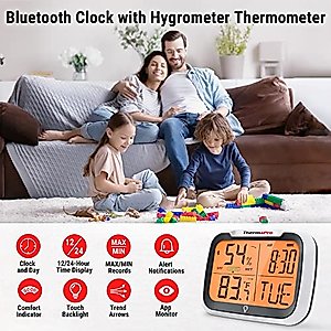 ThermoPro TP393 Hygrometer Indoor Thermometer for Home, Bluetooth Hygrometer Thermometer Range to 260FT via Smart App, Rechargeable Humidity Meter Room Thermometer and Clock with Large Size, Backlit
