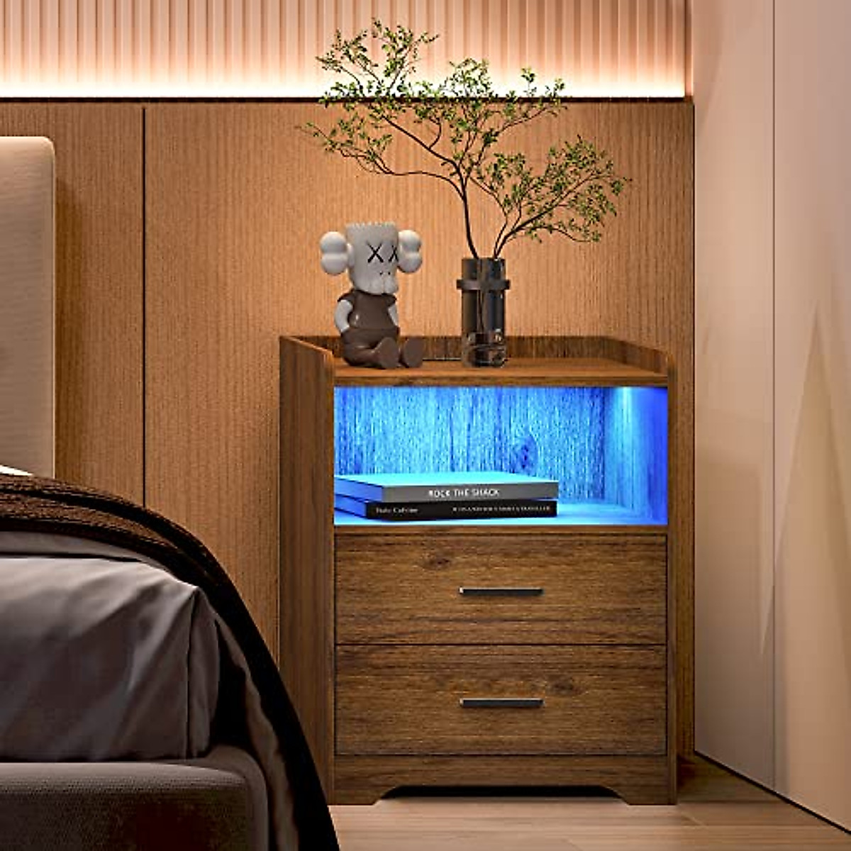 dnbss Brown Nightstand with Charging Station, Smart Bedside Table with 24-Color RGB LED Lights, Charging Nightstand for Bedroom, Modern End Side Table for Living Room Office