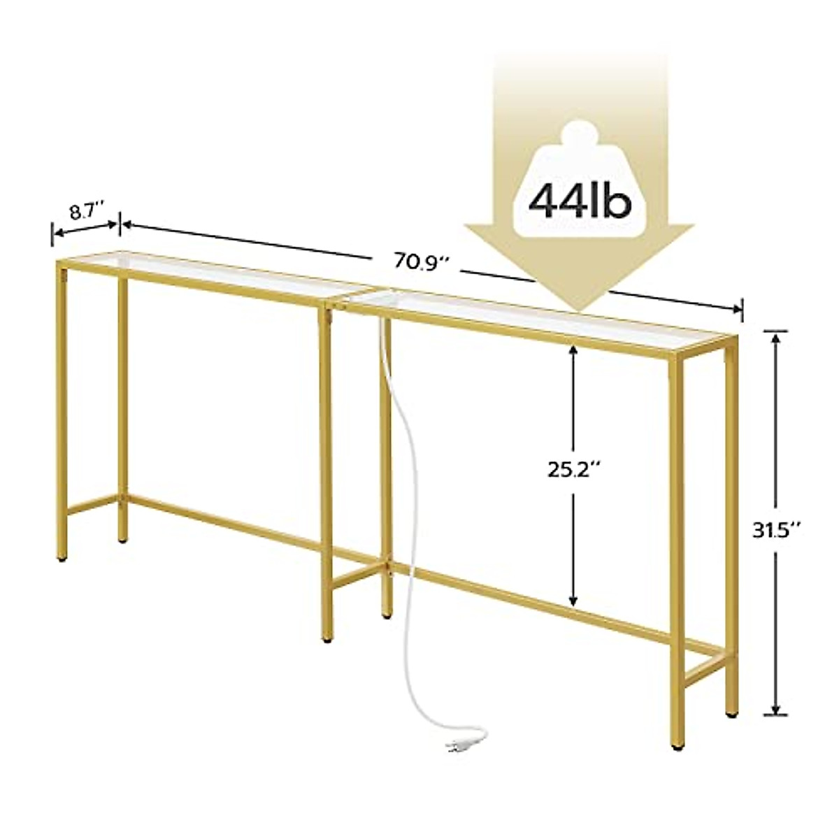 HOOBRO Gold Console Table, 70.9" Tempered Glass Sofa Table, Modern Extra Long Entryway Table with USB Ports, Behind Couch Table for Entryway, Hallway, Foyer, Living Room GD18UXG01