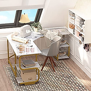 Teraves Modern L Shaped Desk with Shelves,64.84" Computer Desk/Gaming Desk for Home Office,Corner Desk with Large Desktop (White Marbling+ Gold Frame, Large+4 Tier Shelves)