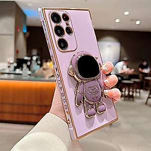phylla Phone Case for Samsung Galaxy S22 Ultra 6.8" Luxury Plating Astronaut Stand Holder Phone Case with Cute Love Heart Side Small Pattern Soft Silicone Shockproof Kickstand Cover Bumper (Purple)