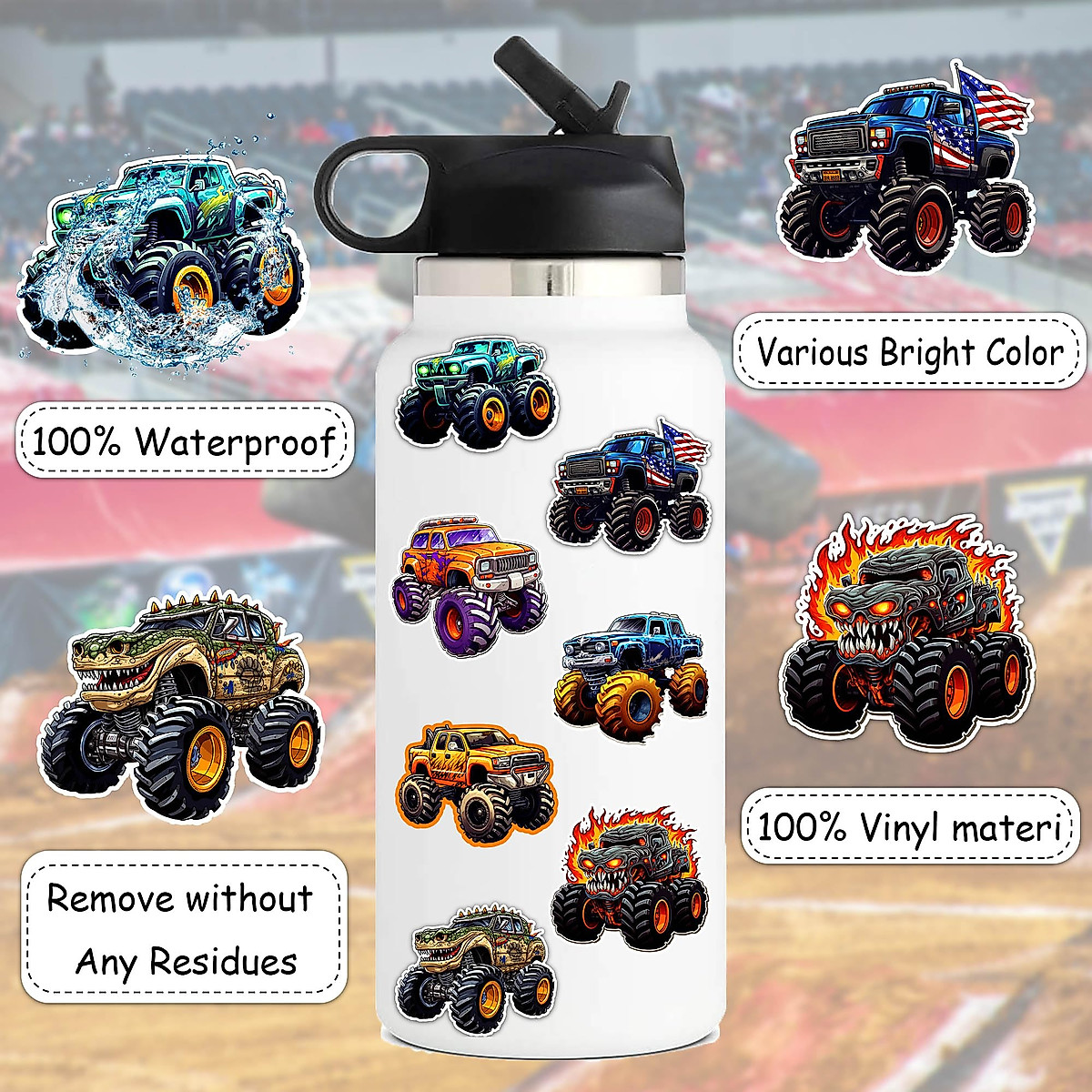 LANKEME 50 PCS Monster Truck Stickers for Kids, Truck Monster Stickers for Water Bottles Laptop Car, Monster Truck Party Favors, Cute Stickers for Boys Party Gifts (Monster Truck Stickers)