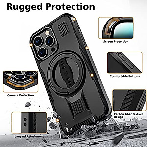 EWA MagOne Case Designed for iPhone 14 Pro Max Case Compatible with Magsafe with Ring Stand, Strap Grip, Dual Magnet Stick to Metal, Rugged Shockproof Protective (Black)