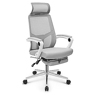 Ergonomic Office Chair with Footrest, High Back Mesh Gaming Desk Chair with Headrest, Swivel Rolling Home Chair with Lumbar Support and Flip-up Armrest, Grey