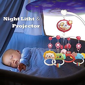 Baby Musical Crib Mobile with Light and Projector, Mobile for Crib with Remote Control ＆ Timming Function, Rotating Hanging Rattles Toy for Newborn(Red)