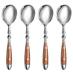 Soup Spoons，4Pcs Soup Spoons Set，Stainless Steel 18/8 Spoons with Comfortable Bakelite Handle，Heavy-Weight Metal Round Spoons，Wood Grain Handle
