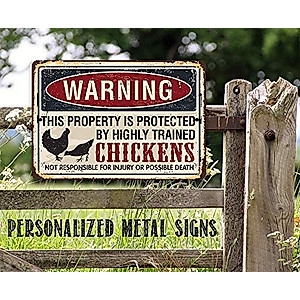 Chicken Signs for Coop Funny Outdoor - Property Protected by Chickens Funny Chicken Coop Sign - Chicken Accessories Indoor/Outdoor Chicken on Coop - Vintage Kitchen Decor Gifts for Chicken Owners