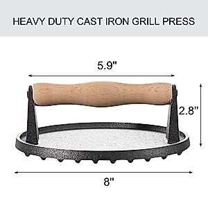 Cast Iron Grill Press, Safe-Touch Comfort-Grip Wood Handle,8 inch,Heavy-Duty Round Bacon Steak and Burger Press for Griddle, Outdoor Grill, Panini, Tortilla