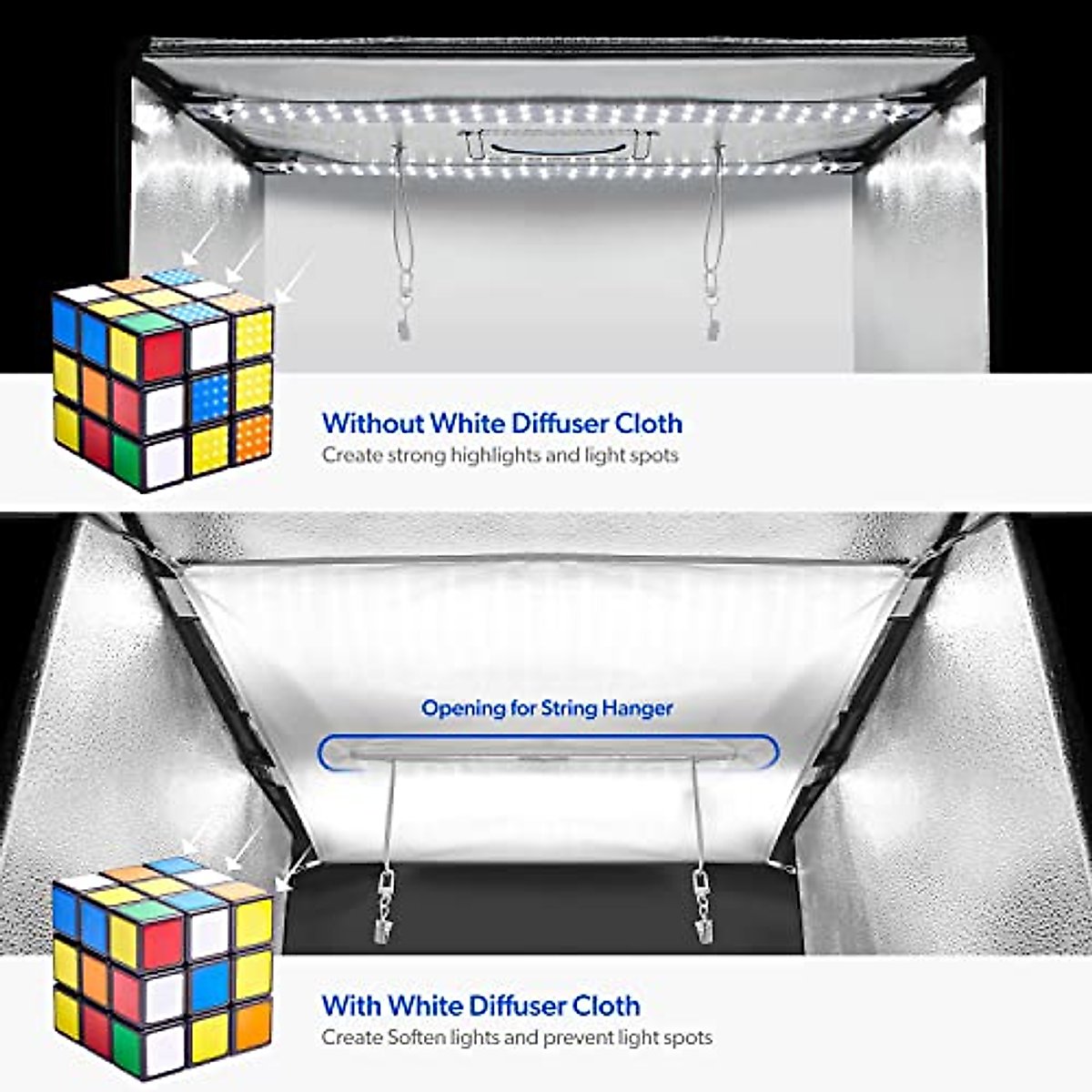 LimoStudio 24" x 24" LED Light Box Tent, Photoshoot Lighting Tent with Air Hanging Ceiling String, Sticky Clay for Object Setting Up, 120 LED Dimmable, Light Color Adjustable, CRI>90, 4000LM, AGG3250