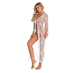 Women's Sexy Lingerie Set See Through Lace Gown Kimono Cover Up Sleepwear Maternity Dress Robe Mesh Robe, White M