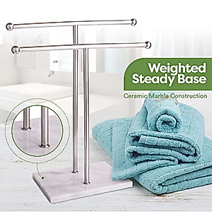 Homeries Marble Hand Towel Holder - Stainless Steel Towel Stand with Round Marble Base - Double T-Shape Hand Towel Valet for Bathroom, Vanity Top Towel Stand, Counter Towel Bar, Jewelry Rack