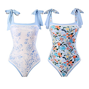 Women Floral One Piece Swimsuits, Reversible Tie Shoulder Monokini, Tummy Control Bathing Suits, Square Neck Swimwear (Medium) Blue