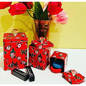 hadaaya Square Red Tin Can Empty Cube Steel Box Storage Container with Crystal Knob for Powder Treats, Gifts, Favors, Loose Tea, Coffee and Crafts, Mini Portable Small Storage Kit, Valentine Day Gift