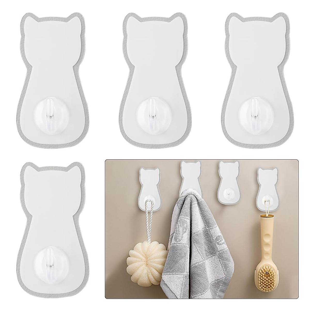 DeryArcle 4Pcs Cat Key Hook, Self Adhesive Hooks White Creative Cartoon Coat Hook Wall Mounted Hanger for Towel Scarf Bag Hat Gloves Robe Clothes (Type A)
