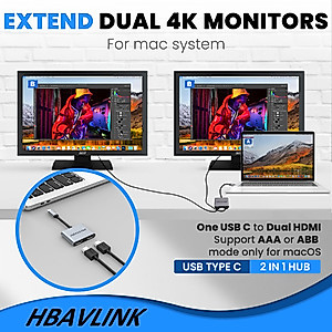 HBAVLINK USB C to Dual HDMI Adapter for Dual Monitor, w/2pack HDMI Cable, Supports Dual 4K@30Hz, Compact Aluminum Alloy Housing