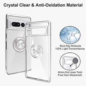 Tnarru Clear Compatible with Google Pixel 7 Pro Case with Magnetic Ring Holder Kickstand [Non-Yellowing] Transparent TPU Slim Thin Shockproof Protection Pixel 7 Pro Phone Case -Silver