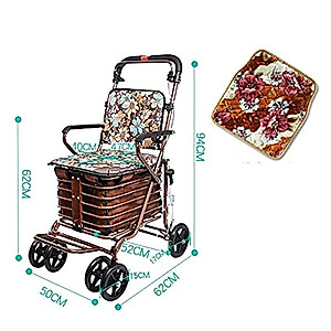 Shopping Trolley on Wheels Multi Function Shopping Cart The Elderly Cart Little Pull Car Elderly Wheelbarrow Can Push to Sit Foldable Walker Four Scooter Storage Hand Trucks,Gold Flower ,