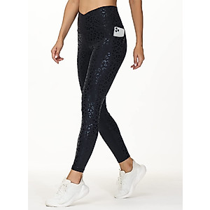 THE GYM PEOPLE Women's V Cross Waist Workout Leggings Tummy Control Running Yoga Pants with Pockets(Black Leopard, Large)