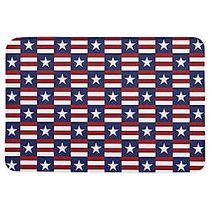 July 4th Bath Rugs USA Flag Patriotic Stars Independence Day Holiday Sponge Doormat Absorbent Non Slip Backing Flannel Mat Blue White Red Stripes Plaid Memory Foam Mats for Bathroom16 x24