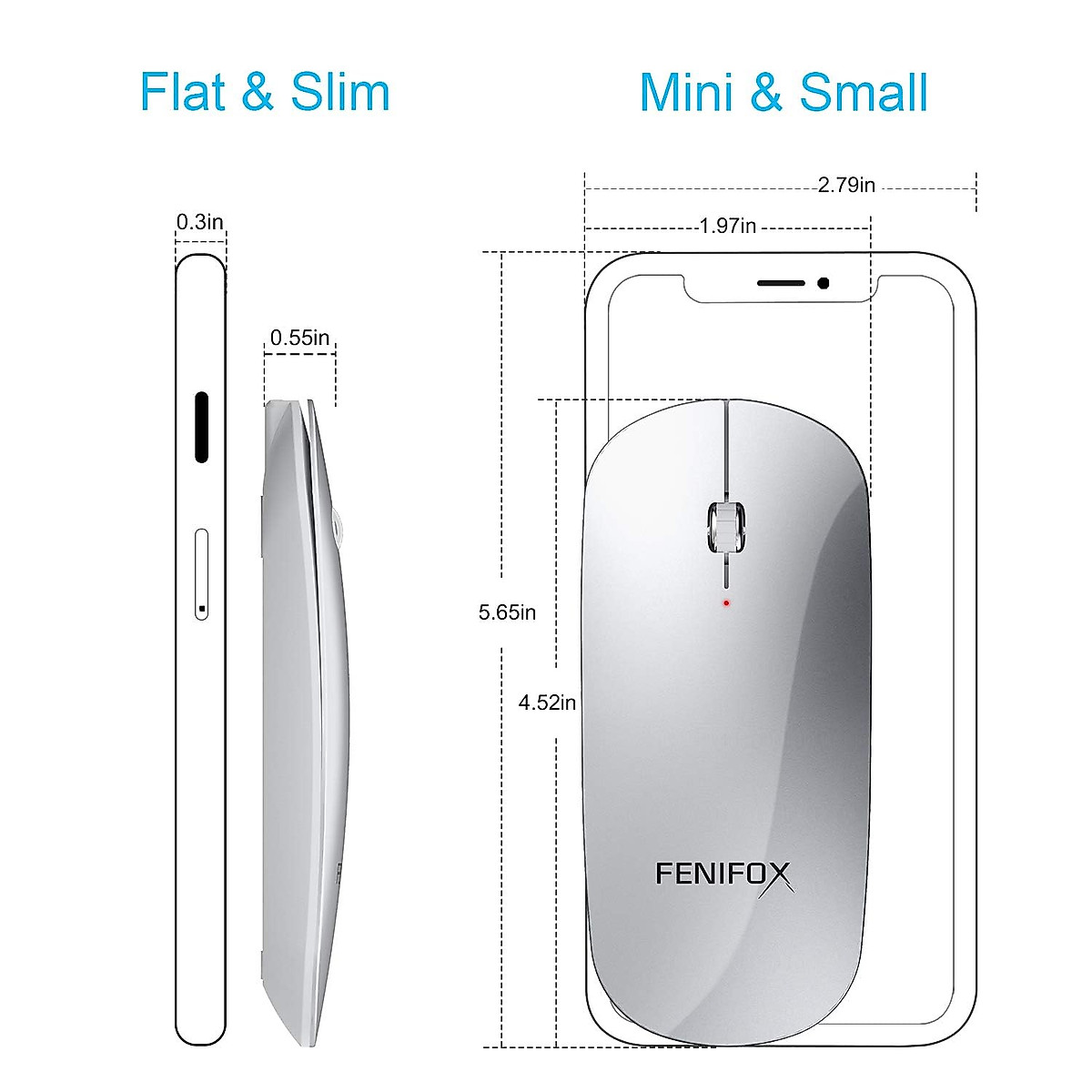 FENIFOX Bluetooth Mouse, Slim Mini Portable Flat Travel Wireless Mouse Rechargeable Quiet Ultra-Thin Mice Compatible with Laptop,Tablet,Notebook,PC (Silver and White)