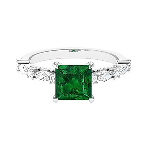 Certified Lab Grown Emerald 8mm Princess Cut Engagement Ring, AAAA Quality, Emerald Moissanite Ring - With Jewelry Box, 14K White Gold, Size:US 6.50