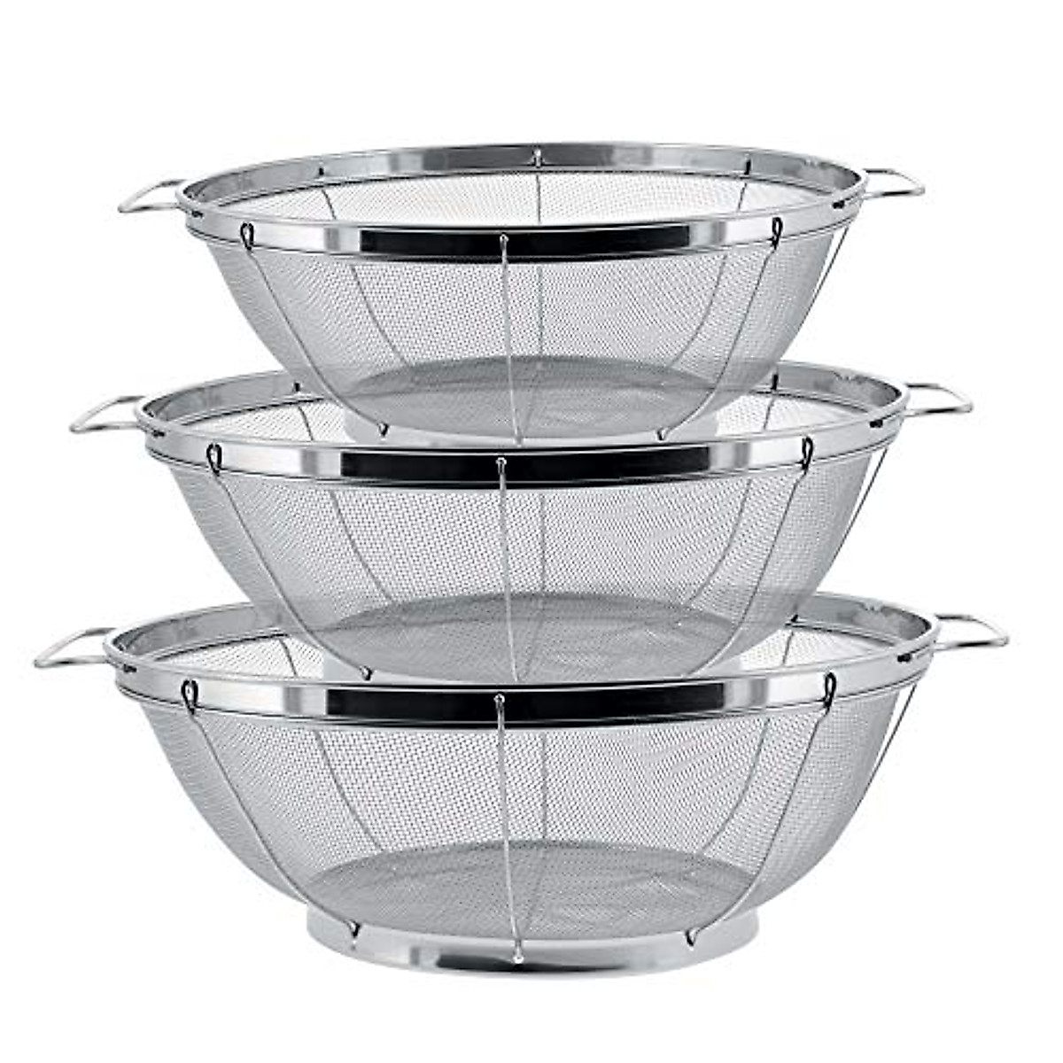 U.S. Kitchen Supply - 3 Piece Colander Set - Stainless Steel Mesh Strainer Net Baskets with Handles & Resting Base - 11" 5 Quart, 9.5" 4 Quart and 8.5" 3 Quart - Strain, Drain, Rinse, Steam or Cook