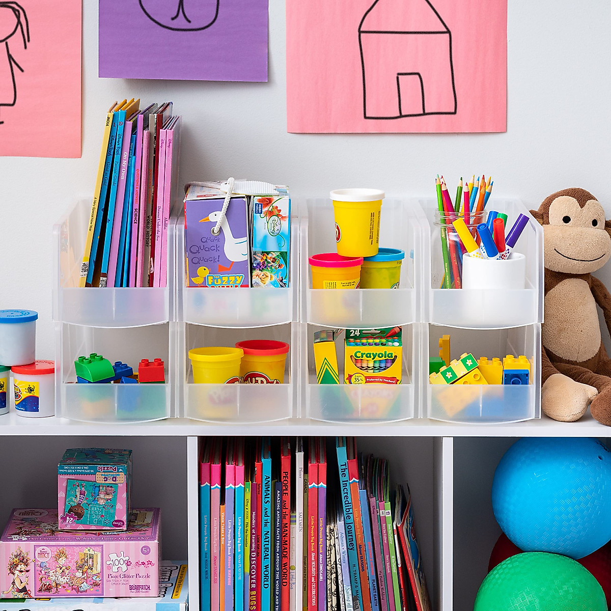 IRIS USA Clear Plastic Stackable Storage Bins, Large- 8 Pack, Open Front Fridge Pantry Kitchen Closet Cabinet Bathroom Organizer Basket for Organizing Snack, Cans, Office Supplies, and Coffee Pods