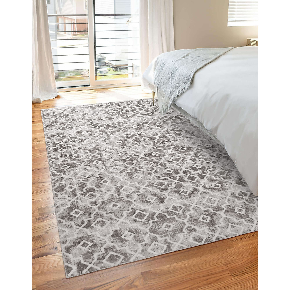 Moynesa Washable Area Rug- 3x5 Moroccan Entryway Throw Rug Non-Slip Kitchen Carpet Runner Modern Geometric Faux Wool Distressed Accent Mat Soft Floor Rugs for Living Room Bedroom Dining