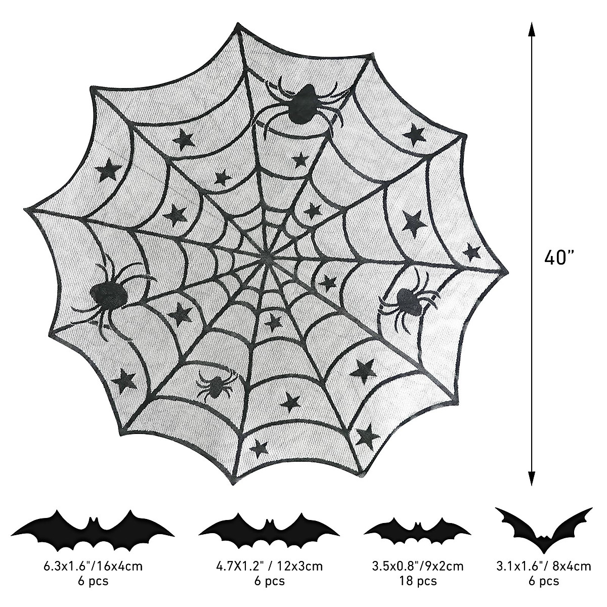 5 Pack Halloween Decorations Set Black Lace Tablecloth Round Cobweb Table Cover Fireplace Scarf Runner Lampshade with 36pcs 3D Bats for Halloween Decor Indoor Party Supplies (Halloween, One Size)