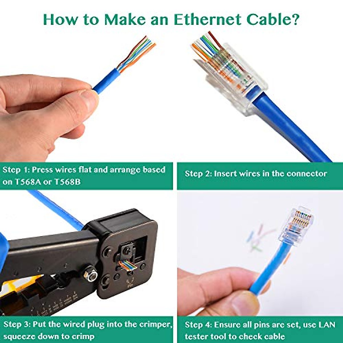 Kinoth RJ45 CAT6 Pass Through Connectors 100 Pack - Easy and Fast Termination - Gold Plated 3 Prong 8P8C Modular Ethernet UTP Network Cable Plug End for Cat6 Cat5e