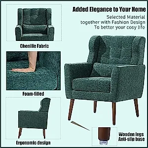 Modern Accent Chair, Chenille Arm Chair Leisure Chair with Pillow Upholstered Comfy Reading Chair 1-Seat Cushioned Sofa with Solid Wood Legs for Living Room Bedroom Studio Balcony (Blackish Green)