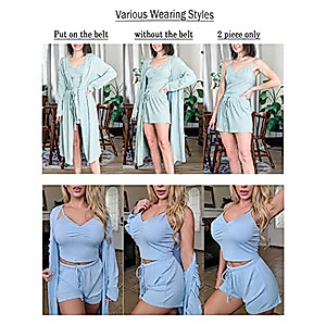 Ekouaer 3 Piece Lounge Sets for Women Cami Shorts Pajama Set with Belted Robe Matching Loungewear Light Blue